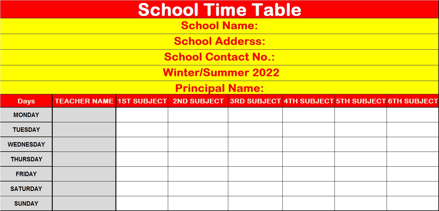 Top 5 School Timetable Template Free Report Templates