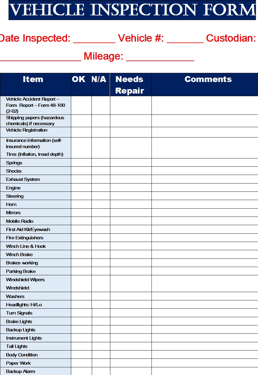 Vehicle Inspection Form Templates - Free Report Templates Vehicle Inspection Form Templates - Free Report Templates