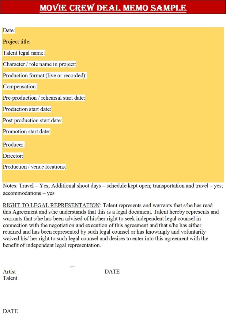 Crew Deal Memo Templates - Free Report Templates