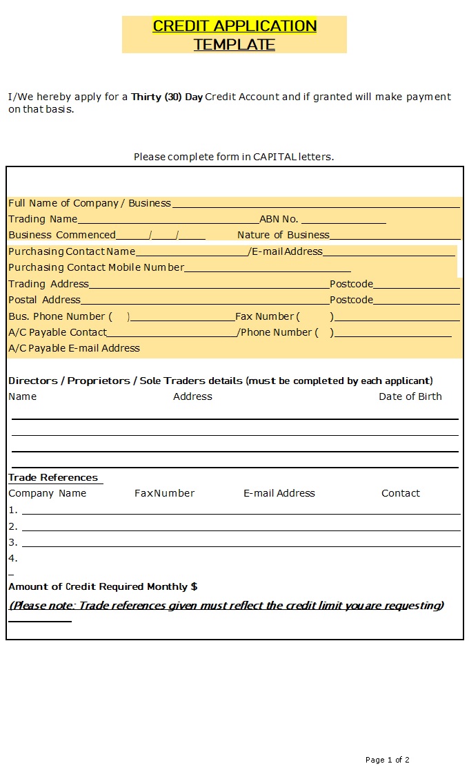 Credit Application Template - Free Report Templates