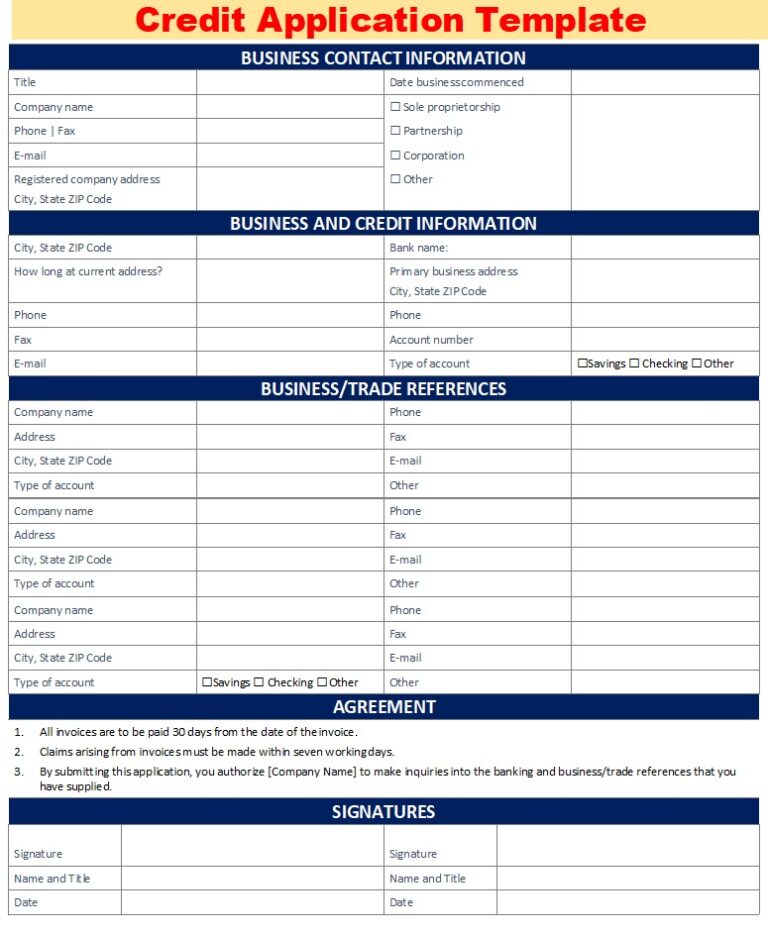 Credit Application Template - Free Report Templates